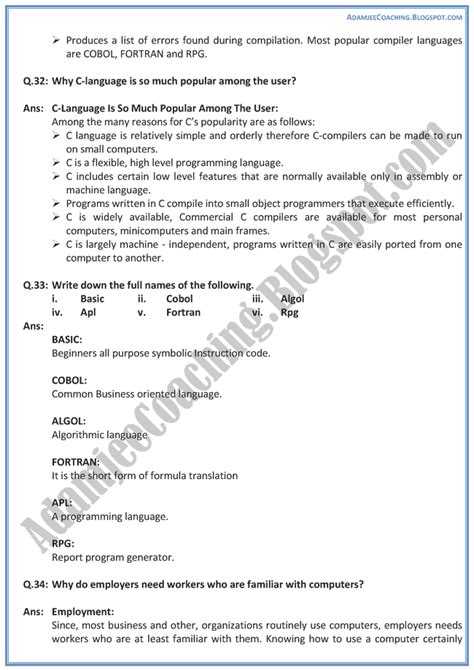 Adamjee Coaching Introduction To Computer Descriptive Question Answers Computer Ix
