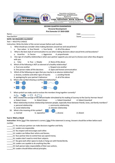 Second Quarter Exam Personal Development 2019 2020 Second Quarter Examination Personal