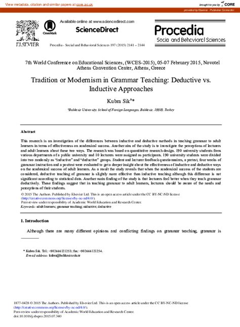 Pdf Tradition Or Modernism In Grammar Teaching Deductive Vs Inductive Approaches
