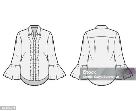 날카로운 칼라 볼륨감 있는 플루트 커프스 긴 소매 오버사이즈 바디가 돋보이는 프릴 셔츠 테크니컬 패션 일러스트 0명에 대한 스톡