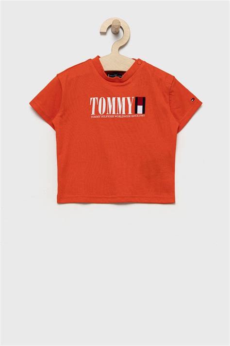 Tommy Hilfiger T Shirt Bawełniany Dziecięcy Kolor Pomarańczowy Z Nadrukiem