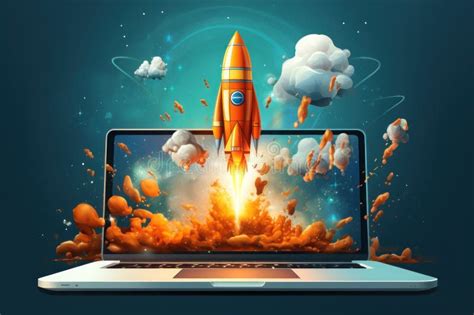 Launching Space Rocket From Laptop Screen Generative Ai Stock Illustration Illustration Of