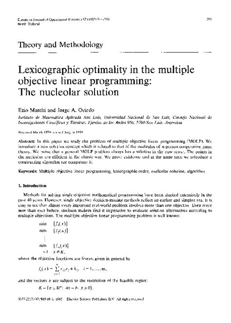 Pdf Lexicographic Optimality In The Multiple Objective Linear Programming The Nucleolar Solution