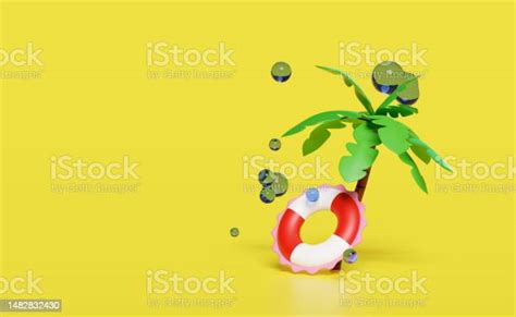 물 안전을 위한 3d 빨간 흰색 구명 부표 물 튀김 노란색 배경에 격리된 야자수 여름 여행 개념 3d 렌더링 일러스트레이션 3차원 형태에 대한 스톡 사진 및 기타 이미지