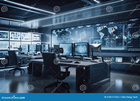 Generative Ai Of A Modern Office Interior With Computers And World Map Stock Illustration