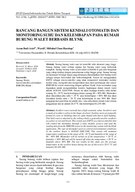 Pdf Rancang Bangun Sistem Kendali Otomatis Dan Monitoring Suhu Dan Kelembapan Pada Rumah