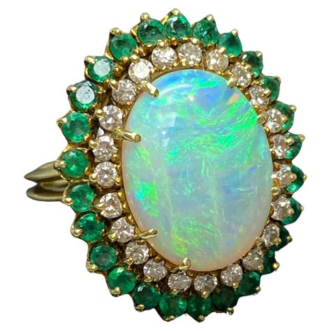 Vintage Opal Cabochon Diamond Emerald And 18k Yellow Gold Cocktail Ring