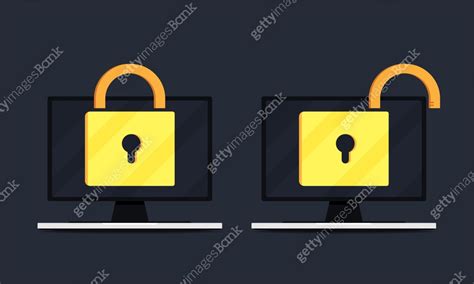 Computer Desktop With Padlock On Screen Password Locked And Unlocked