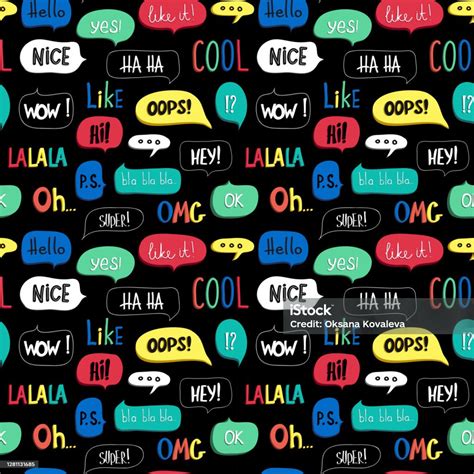 화려한 음성 거품 단어와 기호밝은 매끄러운 패턴 청소년을위한 배경 화면 문구 세트 직물 및 옷에 인쇄하기위한 패션 스타일 슈퍼 Wow 안녕하세요 좋은 안녕 예 멋진 0명에