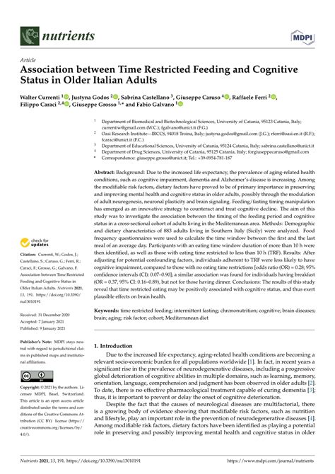 Pdf Association Between Time Restricted Feeding And Cognitive Status In Older Italian Adults