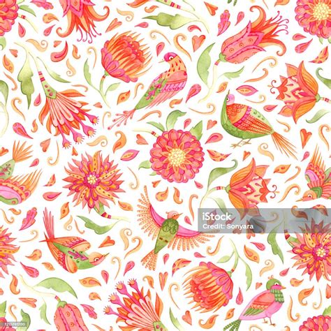 흰색 배경에 귀여운 새와 다채로운 수채화 원활한 패턴 동화 민속 손으로 그린 일러스트 꽃 나무에 대한 스톡 벡터 아트 및 기타 이미지 꽃 나무 꽃 식물 꽃무늬