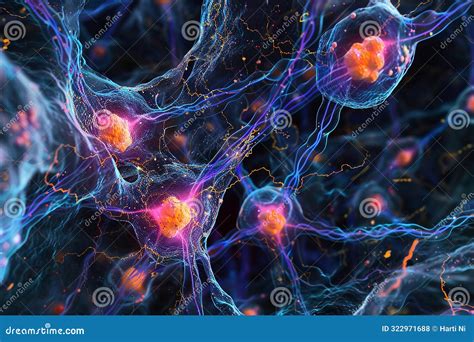 Generative Ai Image Of Cells Of Connected Neural Nerve System On Dark Background Stock
