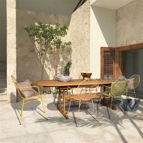 Ensemble De Jardin Extensible En Bois Et Sièges Métal Coloré 6 Places