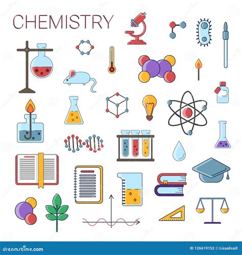 Set Of Scientific Chemistry Vector Flat Icons Chemistry Education Symbols In Colored Cute