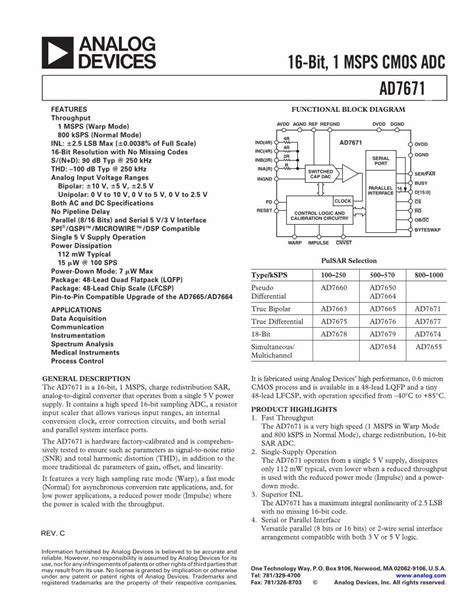 Pdf 16 Bit 1 Msps Cmos Adc Ad7671 Analog Devices · 16 Bit 1 Msps