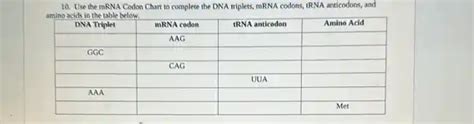 use the mrna codon chart to complete the dna triplets mrna codons