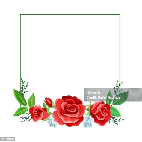 빨간색 무성한 새싹과 녹색 잎이있는 사각형 장미 프레임 테두리 벡터 일러스트 레이 션이있는 모양으로 배열 벡터에 대한 스톡 벡터 아트 및 기타 이미지 Istock