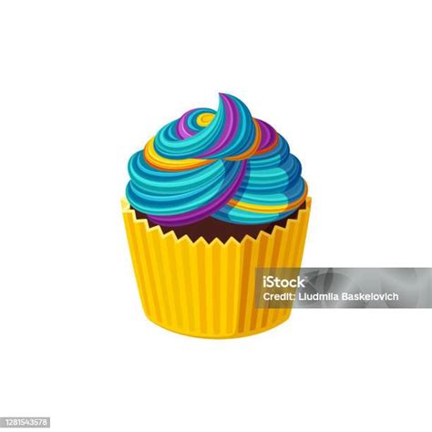 화려한 아이싱 무지개 컵 케이크 소용돌이 크림 블루 레인보우 프로스팅과 맛있는 디저트 벡터 일러스트레이션 0명에 대한 스톡 벡터 아트 및 기타 이미지 Istock