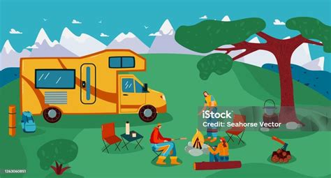 사람들은 트레일러 벡터 일러스트레이션 캠핑 파이어 배경에 피크닉 음식을 요리 만화 플랫 남자 친구 여행자 캐릭터에 여행 차에 대한 스톡 벡터 아트 및 기타 이미지 Istock