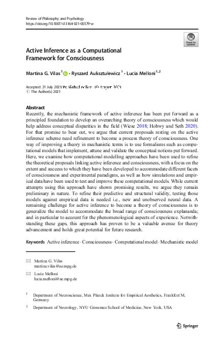 Pdf Active Inference As A Computational Framework For Consciousness