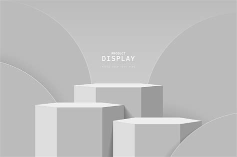 스튜디오 룸에서 추상 회색 3d 배경입니다 둥근 원 레이어 배경이 있는 사실적인 3d 육각형 연단 받침대 모형을 위한 최소한의