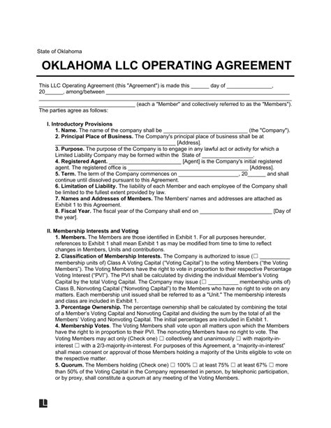 Free Oklahoma Llc Operating Agreement Template Document Genius