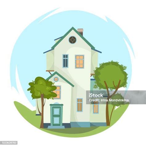 초원에 있는 만화 집 아름다운 전망 전통적인 유럽 스타일로 아늑한 소박한 주거 나무가 있는 시골 풍경 좋은 재미있는 집 흰색 배경에 격리 벡터 개념에 대한 스톡 벡터 아트
