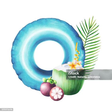 수채화 열대 해변 구성에는 프랜지파니 망고스틴 수영장 플로트 일러스트레이션이 있습니다 열대 과일은 흰색 배경에 분리되어 있다 디자이너 스파 장식 엽서 결혼식 인사말 개체
