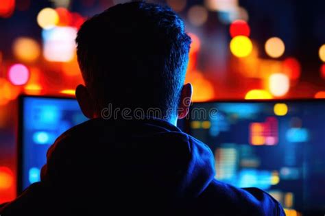 Silhouette Of Young Male Coder With Blurred City Lights And Computer