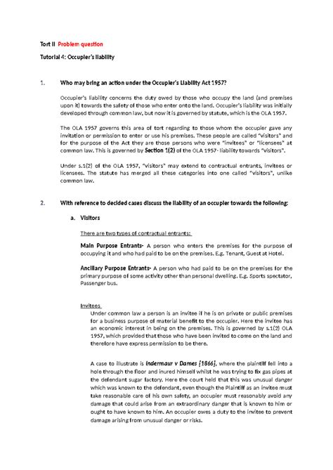Tort II Tutorial 4 Tort II Problem Question Tutorial 4 Occupiers Liability Who May Bring An