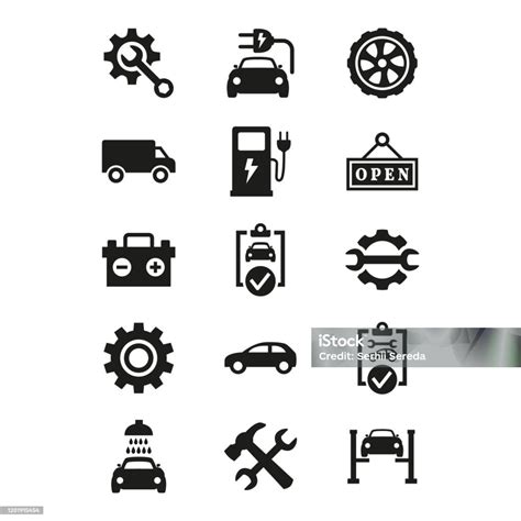 자동차 서비스 및 수리 아이콘은 흰색 배경에 설정됩니다 건물 외관에 대한 스톡 벡터 아트 및 기타 이미지 건물 외관 건설