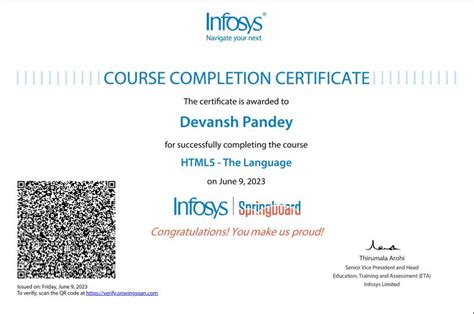 I Earned My Html5 Certification Thanks To Infosys Devansh Pandey