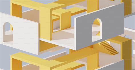계단과 빈 아치 출입구가 있는 추상 빈 노란색 흰색 건물 배경 아이소메트릭 보기 3d 렌더링 그림 사진 Unsplash의 집 이미지