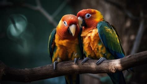 premium ai image vibrant macaws perched on branch in rainforest