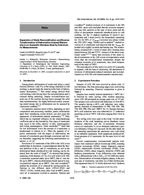 Pdf Separation Of Static Recrystallization And Reverse Transformation Of Deformation Induced