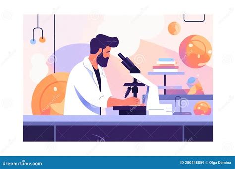 In Laboratory Flat Illustration Cartoon Male Scientist Looking Through Microscope Stock