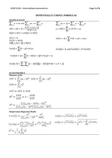 Formula Sheets And Tables Midterm Ecmt2150 Intermediate Econometrics Page 1 Of 6