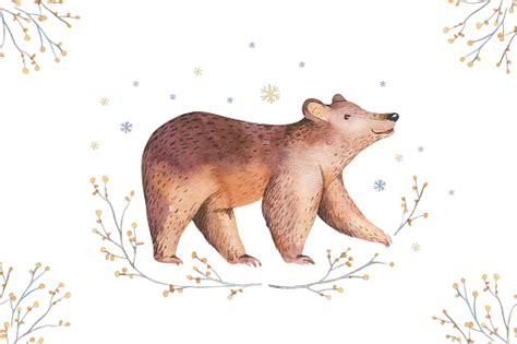 곰이 있는 수채화 겨울 숲 산에서 소나무 전나무와 크리스마스 트리 풍경 흰색 배경에 격리 된 손으로 그린 스노우 홀리데이 디자인 곰에 대한 스톡 벡터 아트 및 기타 이미지