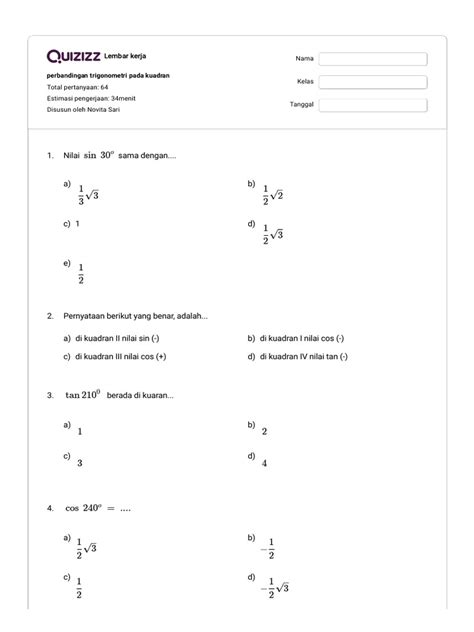 Perbandingan Trigonometri Pada Kuadran Quizizz Pdf