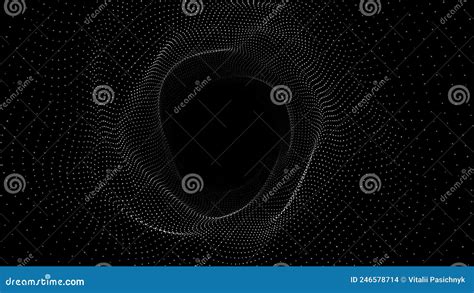 Abstract Dynamic Wireframe Tunnel On Black Background Deep Wavy Wormhole Futuristic Particle