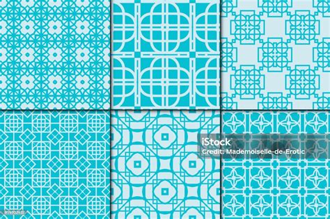 원 삼각형 마름모에 따라 6 완벽 한 패턴의 집합입니다 벡터 일러스트입니다 인테리어 디자인 벽지 섬유 프레 젠 테이 션 이미지 환상에 대 한 바다 색상 테마 0명에 대한