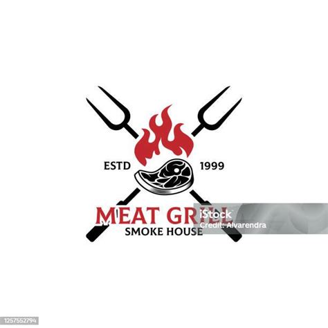 미트 그릴 연기 하우스 로고 디자인 템플릿 그릴과 바 불 고기 그릴 포크 가든파티에 대한 스톡 벡터 아트 및 기타 이미지 가든파티 고기 고기 요리 Istock