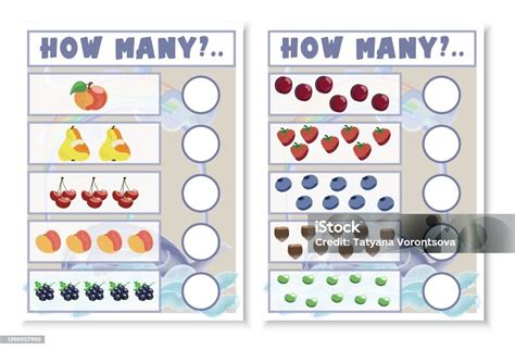 교육 어린이 게임 수학 활동 시트 계산 얼마나 많은 물체가 과일로 작업하는지 누락된 숫자를 씁니다 0명에 대한 스톡 벡터 아트 및 기타 이미지 Istock