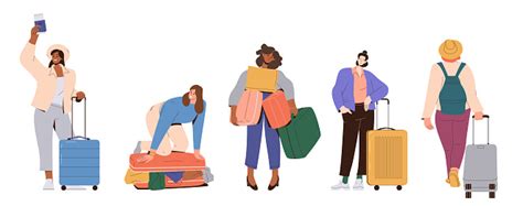 여행 가방 수하물로 여행 준비 준비가 된 다른 감정을 느끼는 다양한 사람들의 캐릭터 세트 가방에 대한 스톡 벡터 아트 및 기타 이미지 가방 감정 개체 그룹 Istock