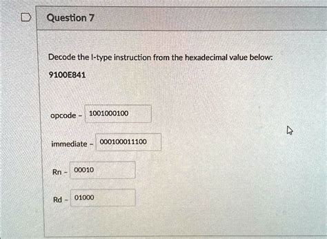 question 7 decode the i type instruction from the hexadecimal value