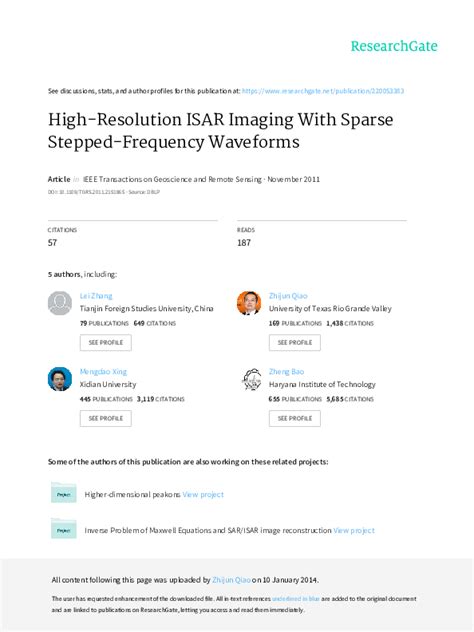 Pdf High Resolution Isar Imaging With Sparse Stepped Frequency Waveforms
