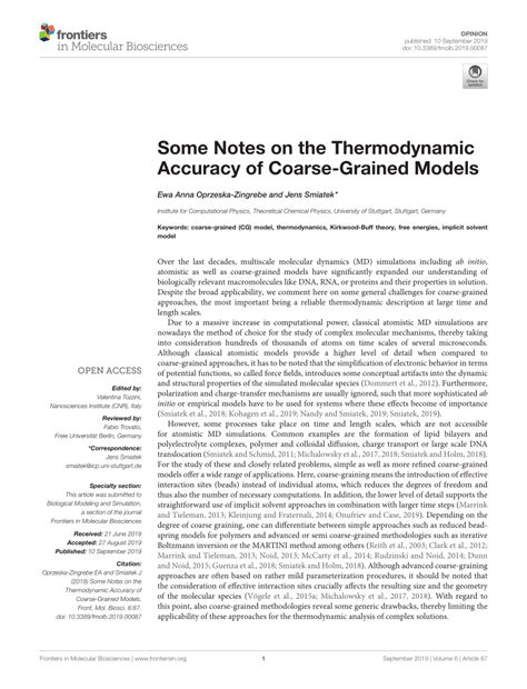 Pdf Some Notes On The Thermodynamic Accuracy Of Coarse Grained Models