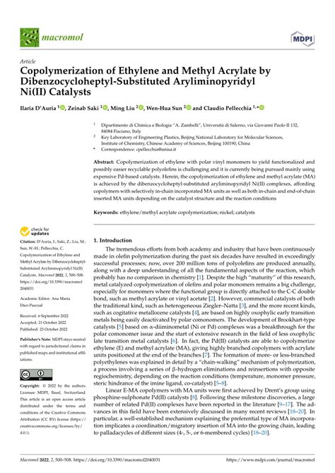 Pdf Copolymerization Of Ethylene And Methyl Acrylate By Dibenzocycloheptyl Substituted