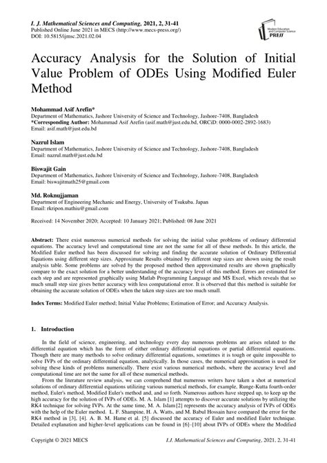 Pdf Accuracy Analysis For The Solution Of Initial Value Problem Of Odes Using Modified Euler