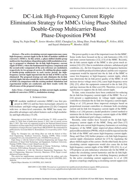 Pdf Dc Link High Frequency Current Ripple Elimination Strategy For Mmcs Using Phase Shifted